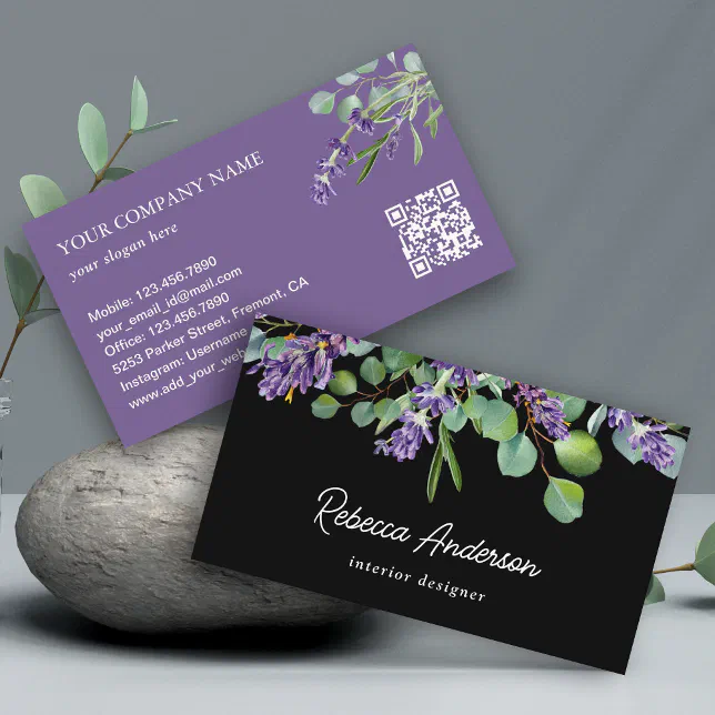 Rustic Lavender Floral Eucalyptus Black QR Code Business Card | Zazzle