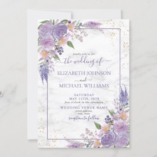Rustic Lavender Lilac Gold Floral Photo Wedding Invitation | Zazzle