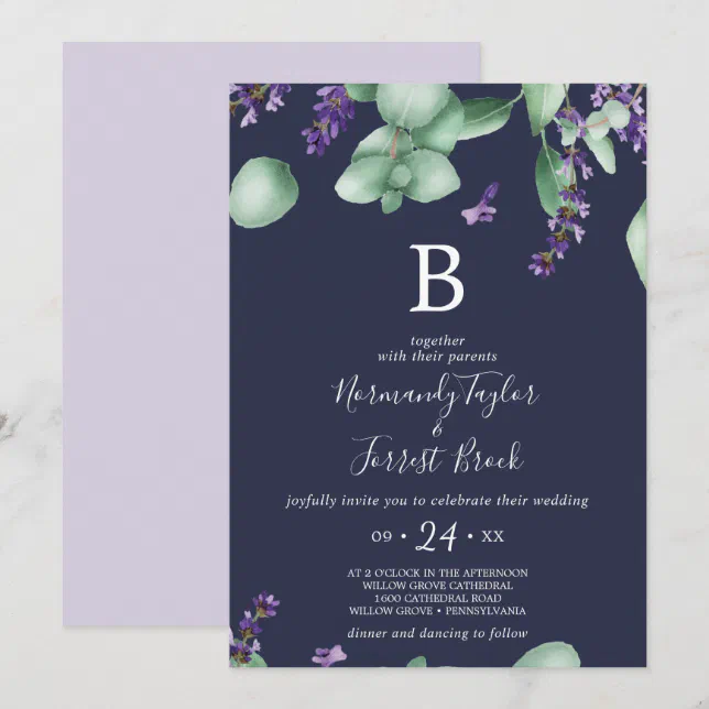 Rustic Lavender | Navy Blue Monogram Wedding Invitation | Zazzle