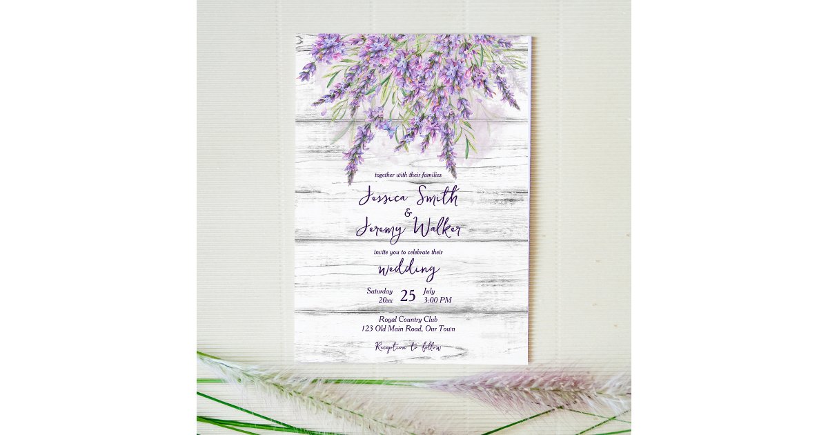 Rustic lavender on white wood wedding invitation | Zazzle