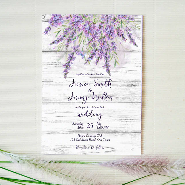 Rustic lavender on white wood wedding invitation | Zazzle