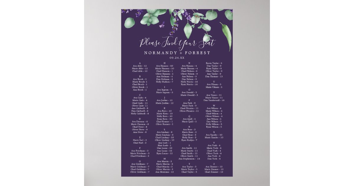 Rustic Lavender Purple Alphabetical Seating Chart | Zazzle
