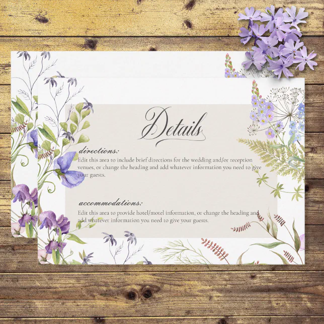 Rustic Lavender Sage Wildflowers White Details Enclosure Card | Zazzle
