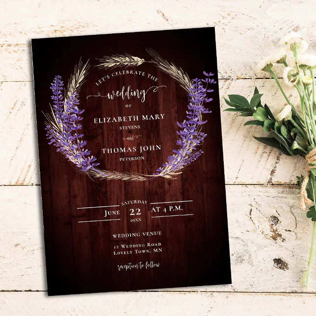 Rustic Lavender Wheat Wreath Wood Board Wedding Invitation | Zazzle