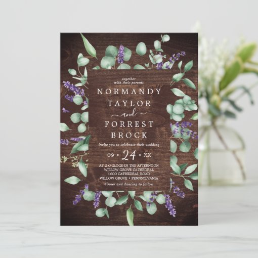 Rustic Lavender | Wooden Floral Frame Wedding Invitation | Zazzle