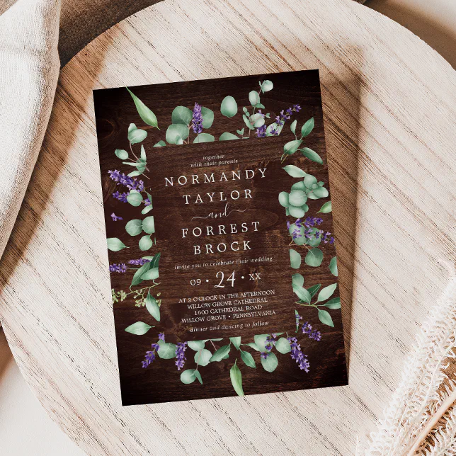 Rustic Lavender | Wooden Floral Frame Wedding Invitation | Zazzle