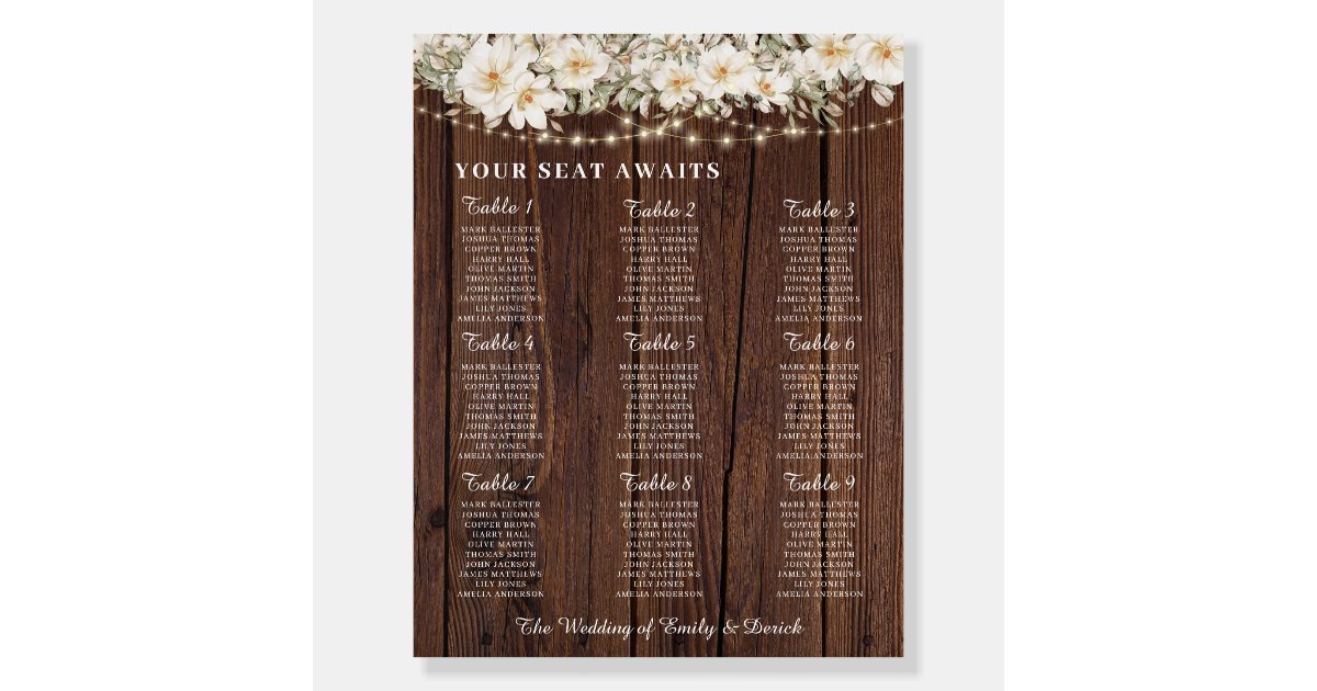 Rustic Leaf String lights Wedding Seating Chart Foam Board | Zazzle