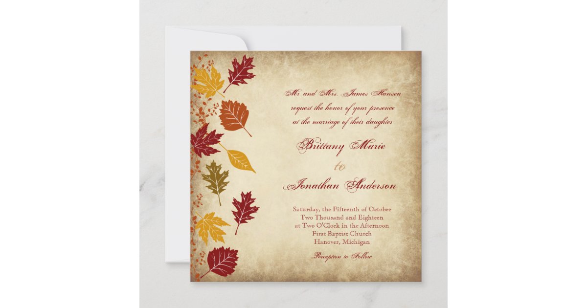 Rustic Leaves Autumn Fall Wedding Invitations | Zazzle