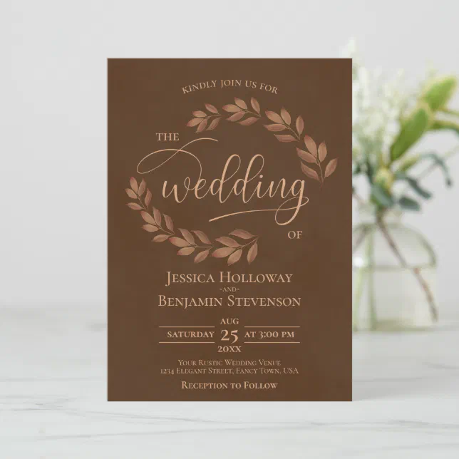 Rustic Leaves Elegant Chestnut Brown Wedding Invitation | Zazzle