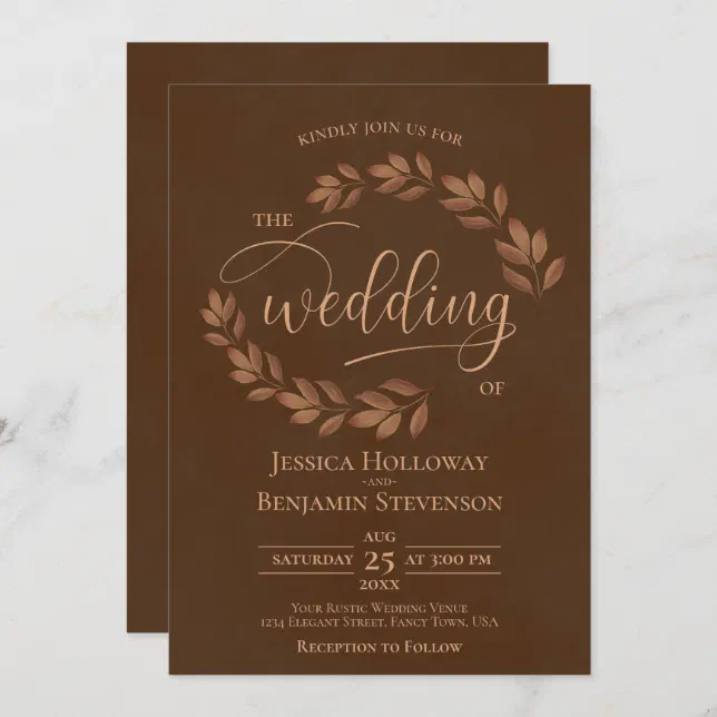 Rustic Leaves Elegant Chestnut Brown Wedding Invitation | Zazzle