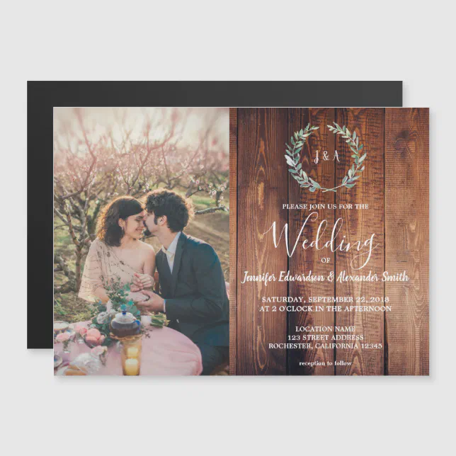 Rustic leaves on barn wood monogram photo Wedding Magnetic Invitation ...