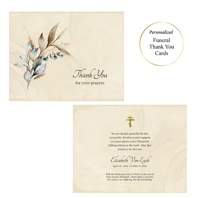 Rustic Leaves Orthodox Christian Funeral Thank You Card | Zazzle