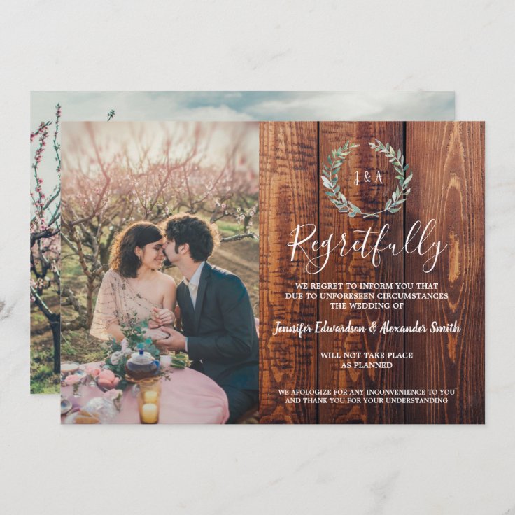 Rustic leaves wood monogram wedding cancellation invitation | Zazzle