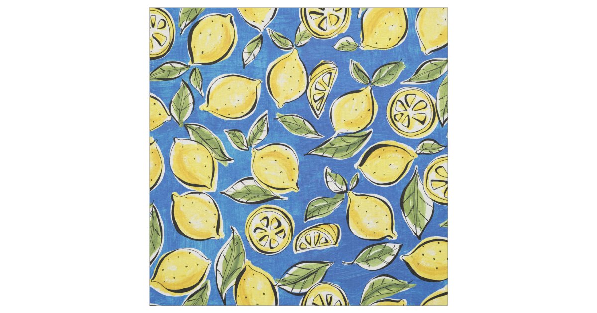Rustic Lemon Pattern Blue Fabric | Zazzle