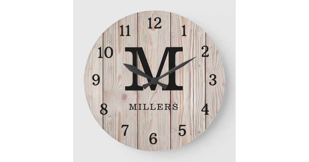 Rustic Light Brown Wood Family Name Monogrammed Large Clock | Zazzle