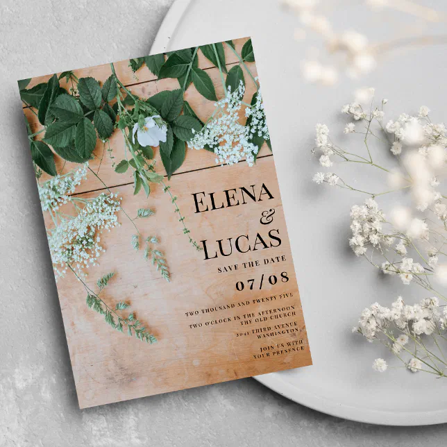 Rustic light brown wood floral backyard wedding invitation | Zazzle