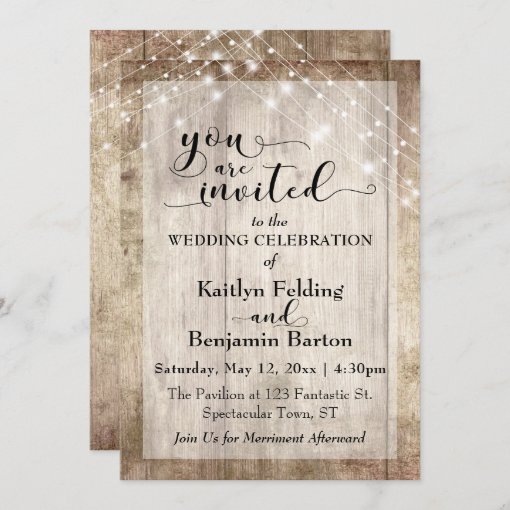 Rustic Light Brown Wood w/ Light Strings, Wedding Invitation | Zazzle