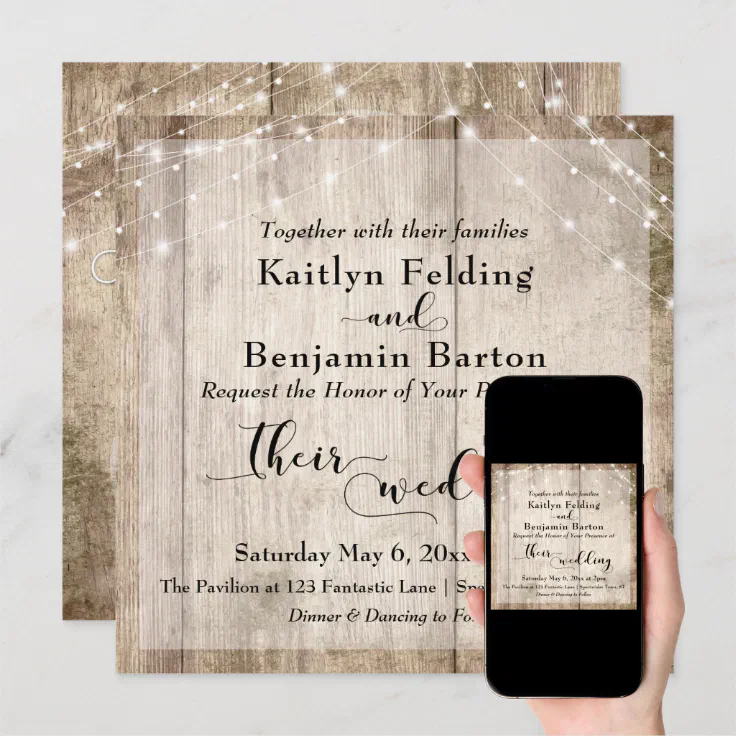 Rustic Light Brown Wood & White Lights Wedding Invitation | Zazzle
