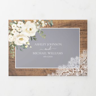 Rustic Light Gray White Floral Wood Photo Wedding Tri-Fold Invitation ...