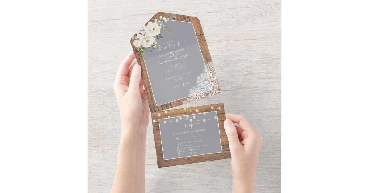 Rustic Light Gray White Floral Wood Wedding All In One Invitation | Zazzle