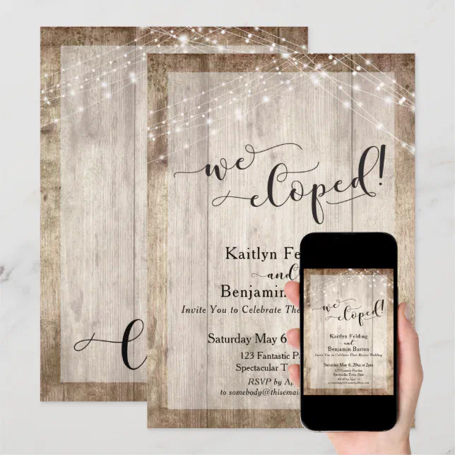 Rustic Light Wood & Lights, We Eloped, Reception Invitation | Zazzle