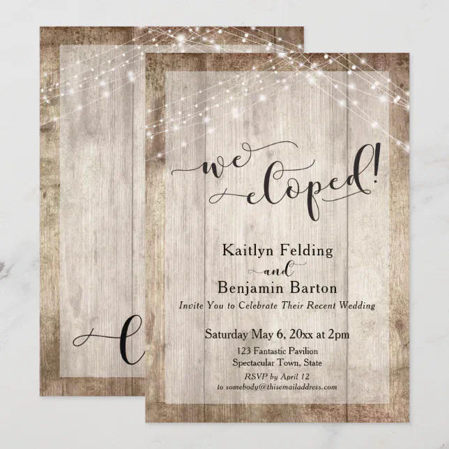 Rustic Light Wood & Lights, We Eloped, Reception Invitation | Zazzle