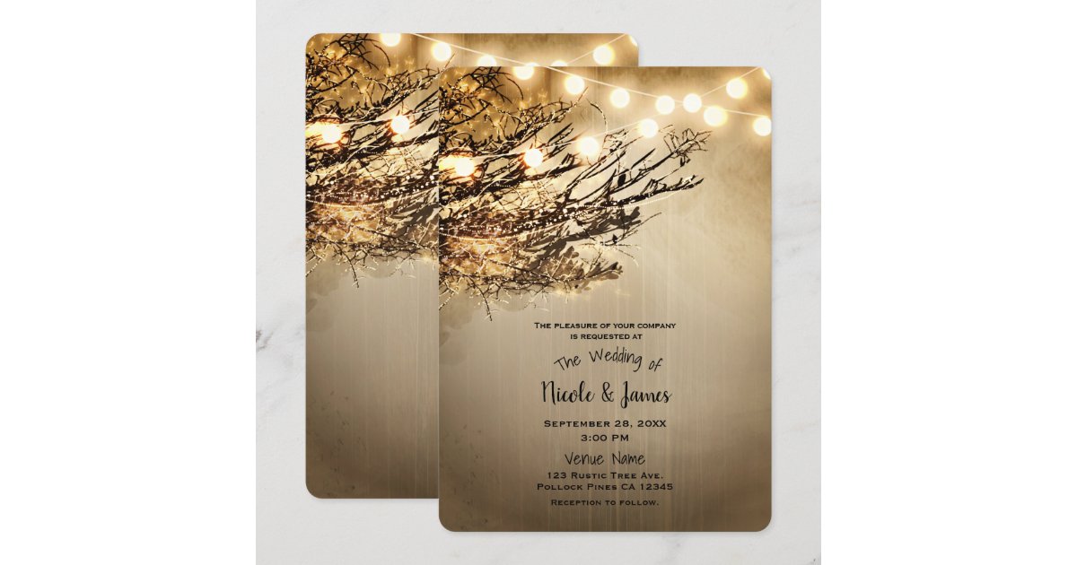 Rustic Lighted Tree Branches & Lights Wedding Invitation | Zazzle