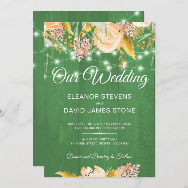 Rustic lights barn wood spring floral wedding invitation | Zazzle