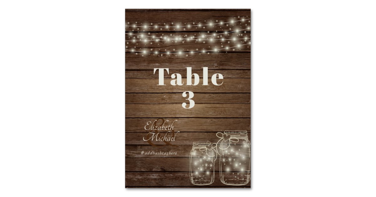 Rustic lights Mason Jar Table Number Card | Zazzle
