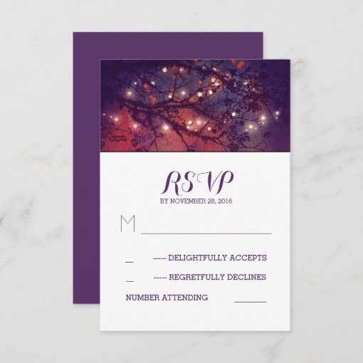 Rustic lights purple wedding RSVP cards | Zazzle