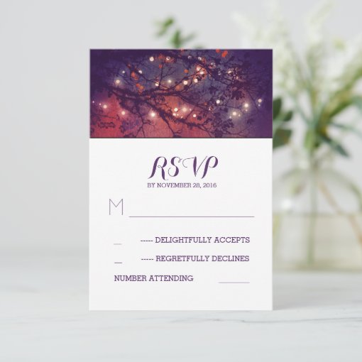 Rustic lights purple wedding RSVP cards | Zazzle