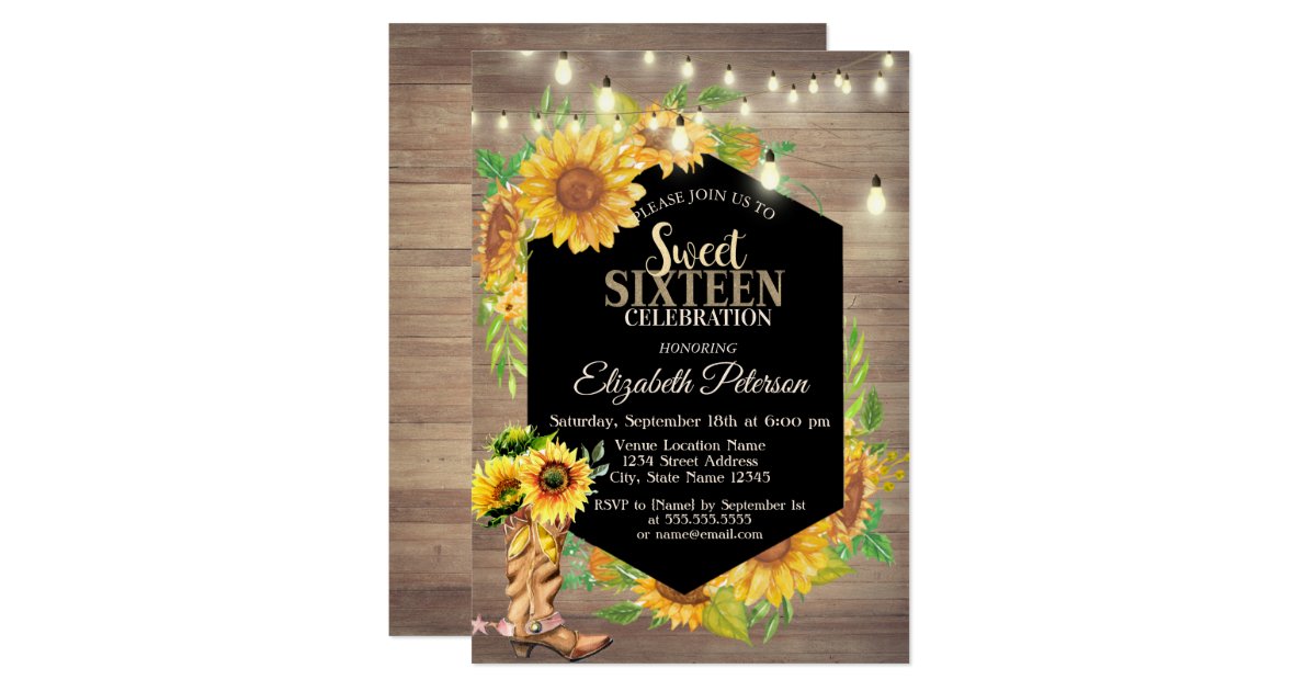 Rustic Lights,Sunflowers Wood Country Sweet 16 Invitation | Zazzle.com