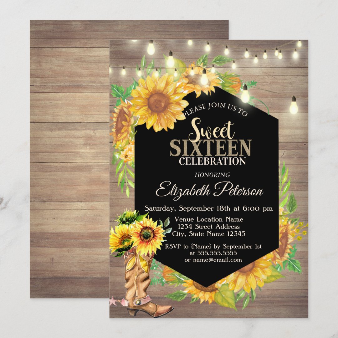 Rustic Lights,Sunflowers Wood Country Sweet 16 Invitation | Zazzle