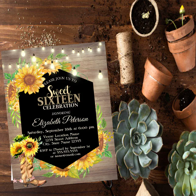 Rustic Lights,Sunflowers Wood Country Sweet 16 Invitation | Zazzle