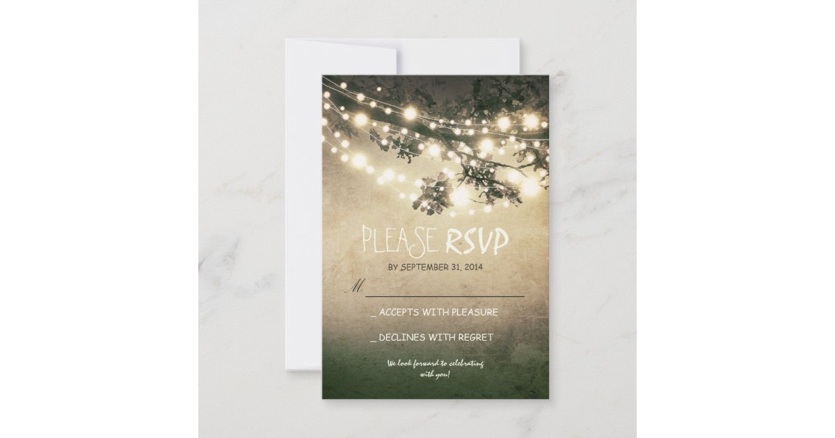 Rustic lights wedding RSVP cards | Zazzle