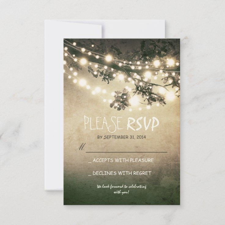 Rustic lights wedding RSVP cards | Zazzle