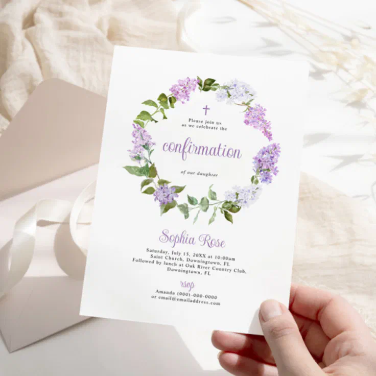 Rustic Lilac Flowers Confirmation Invitation | Zazzle