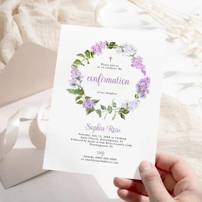 Rustic Lilac Flowers Confirmation Invitation | Zazzle