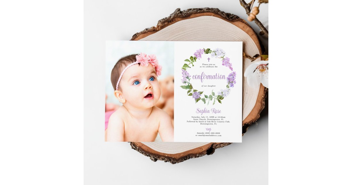 Rustic Lilac Flowers Photo Girl Confirmation Invitation | Zazzle
