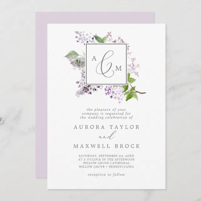 Rustic Lilac Formal Monogram Wedding Invitation | Zazzle