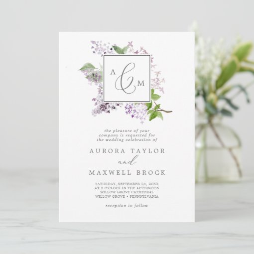 Rustic Lilac Formal Monogram Wedding Invitation | Zazzle