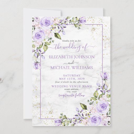 Rustic Lilac Lavender Gold Marble Floral Wedding Invitation | Zazzle