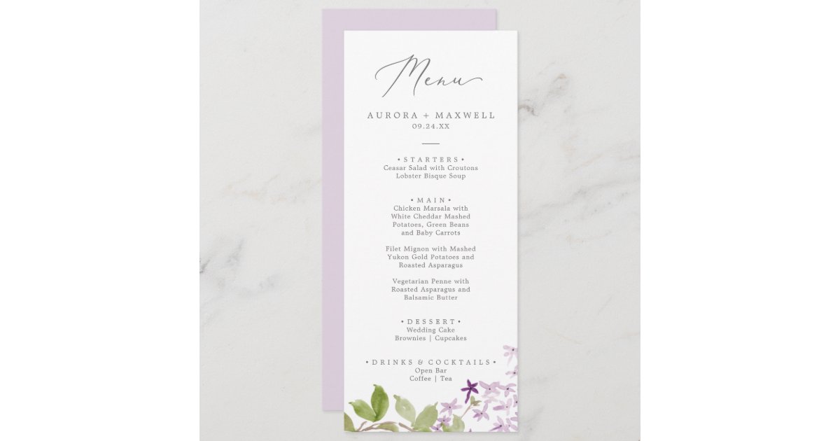 Rustic Lilac Wedding Dinner Menu | Zazzle