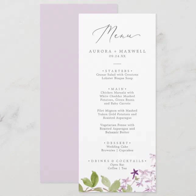 Rustic Lilac Wedding Dinner Menu | Zazzle