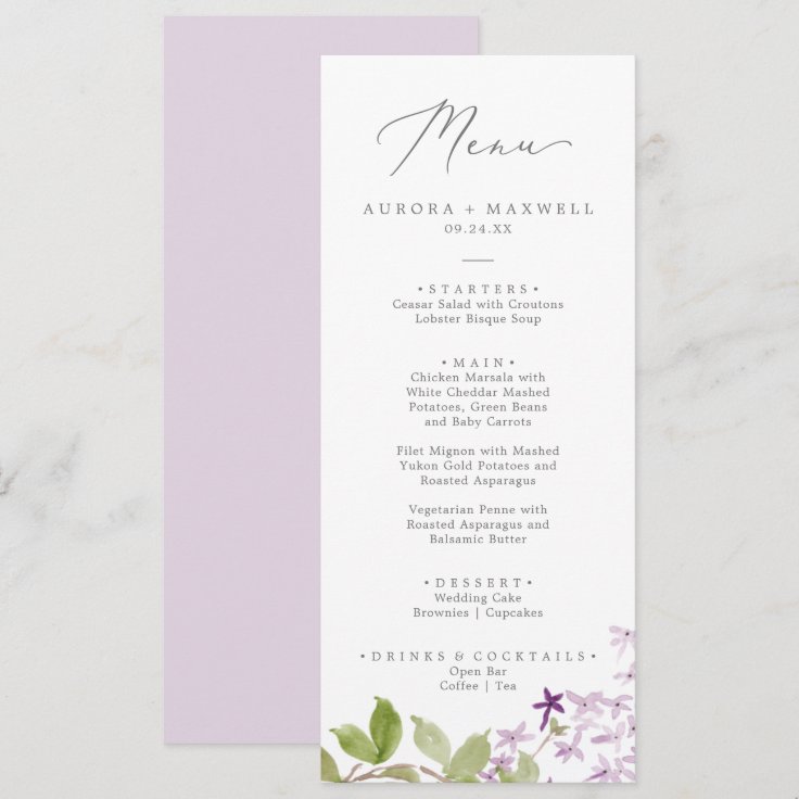 Rustic Lilac Wedding Dinner Menu | Zazzle
