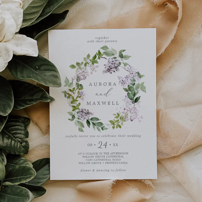 Rustic Lilac Wreath Wedding Invitation | Zazzle
