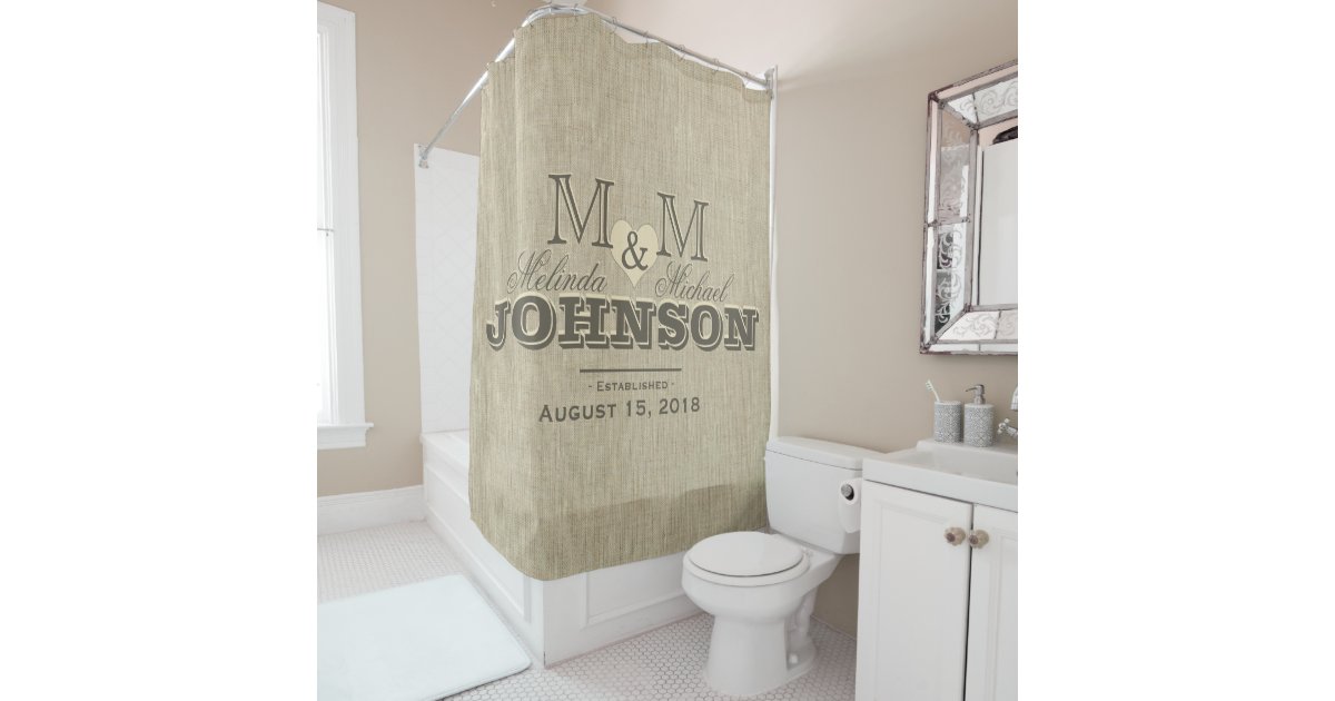 Rustic Linen and Heart Monogram Wedding Shower Curtain | Zazzle