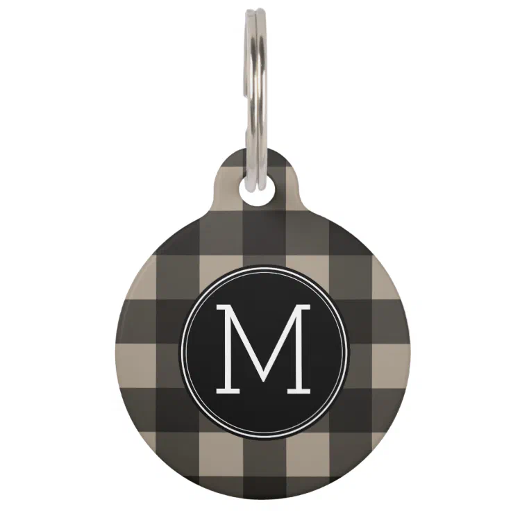 Rustic Linen Black Buffalo Plaid gingham Monogram Pet Name Tag | Zazzle