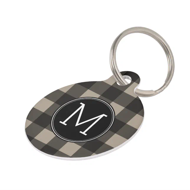 Rustic Linen Black Buffalo Plaid gingham Monogram Pet Name Tag | Zazzle