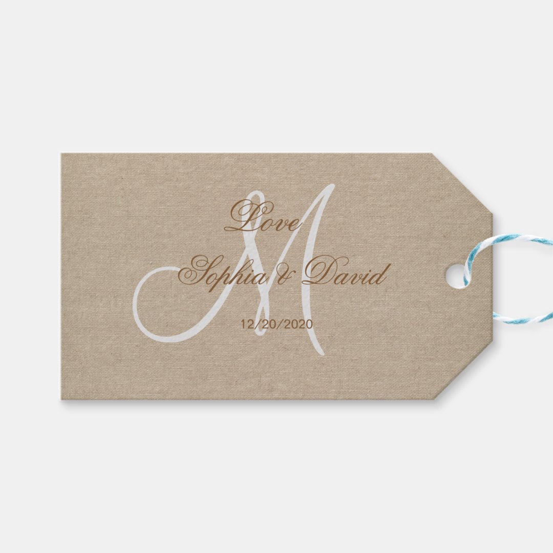 Rustic Linen Canvas Wedding Monogram Initial Gift Tags | Zazzle